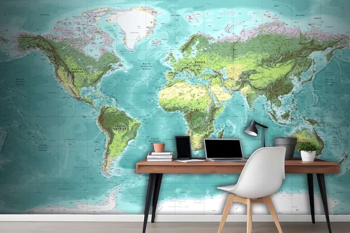 Detailed physical world map Miller projection wallpaper mural