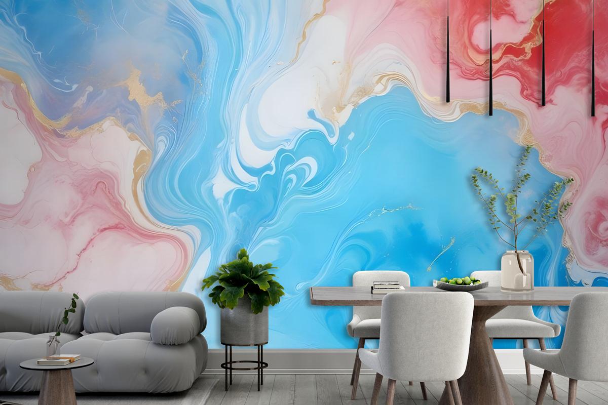 Kırmızı Sıçrama Duvar Kağıdı Ile Mavi Mermer - Kendinden Yapışkanlı