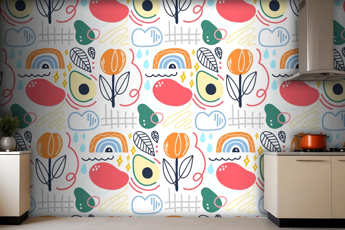 Colorful abstract organic shapes kitchen wallpaper mural