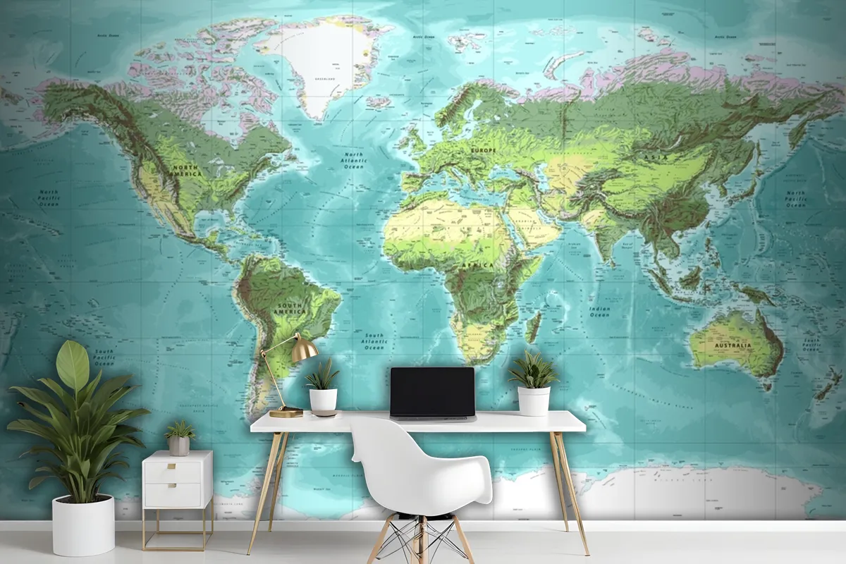 Detailed physical world map Miller projection wallpaper mural