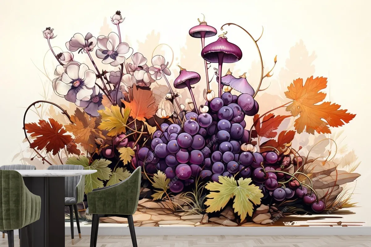 Grapes seamless pattern Fruits background Watercolor wallpaper mural