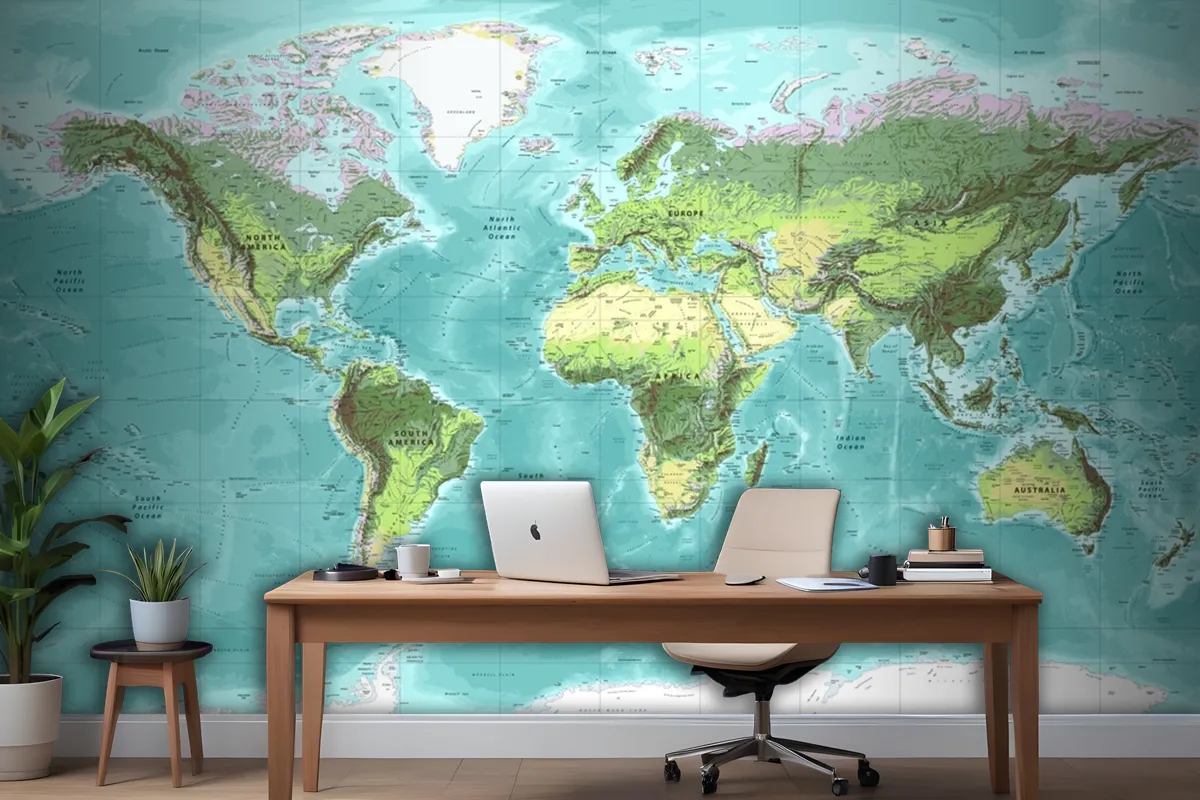 Detailed physical world map Miller projection wallpaper mural