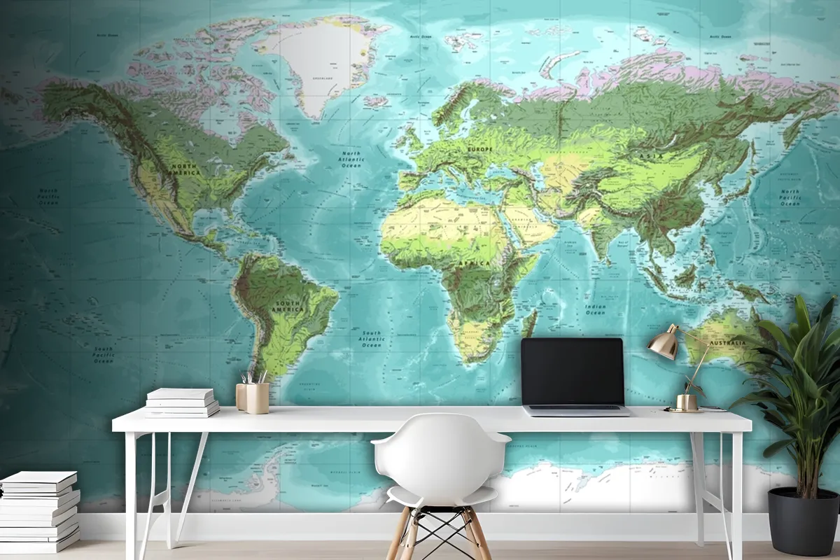 Detailed physical world map Miller projection wallpaper mural
