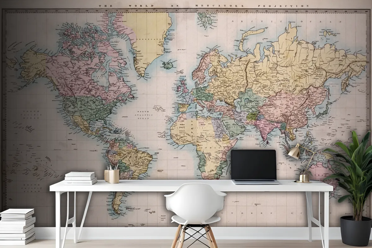 Original old hand coloured map of the World wallpaper mural