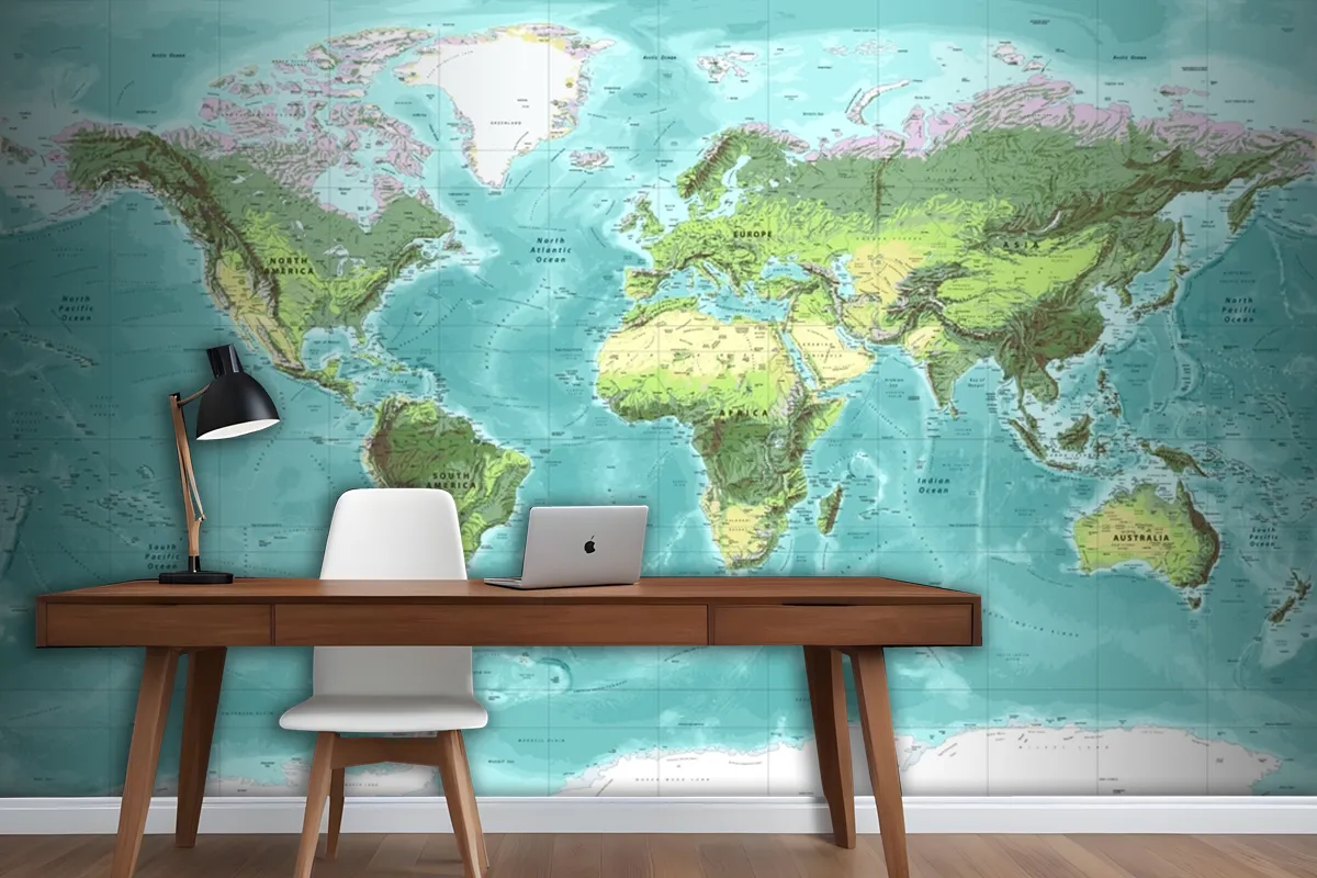 Detailed physical world map Miller projection wallpaper mural