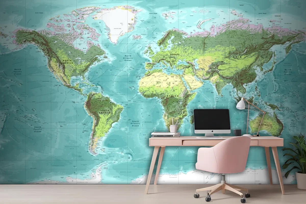 Detailed physical world map Miller projection wallpaper mural