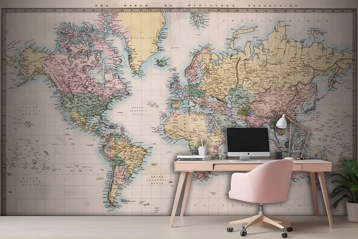 Original old hand coloured map of the World wallpaper mural