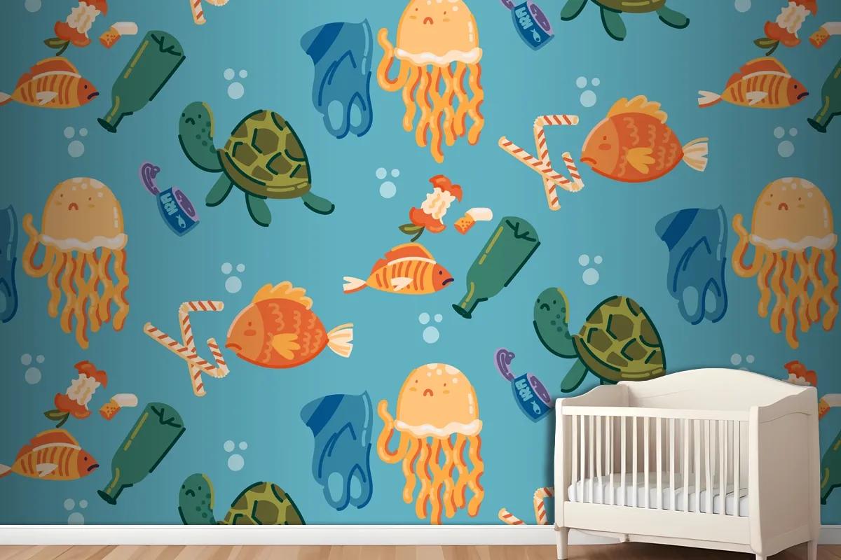 Hand Drawn Save The Oceans Pattern Wallpaper Mural