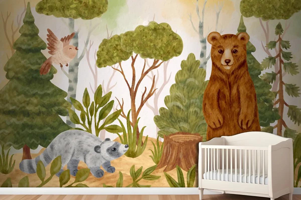 Watercolor Forest Animals Background Wallpaper Mural