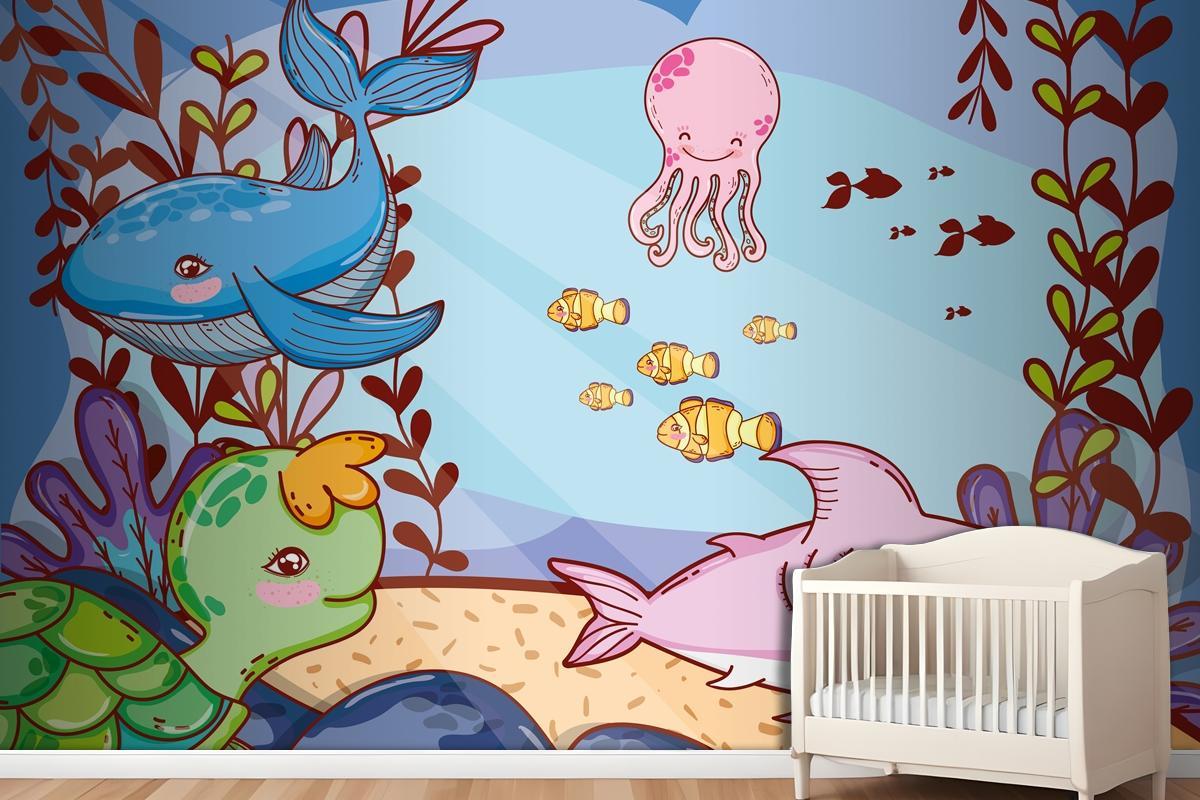 Cute Sea Animals With Seaweed Plants Wallpaper Mural