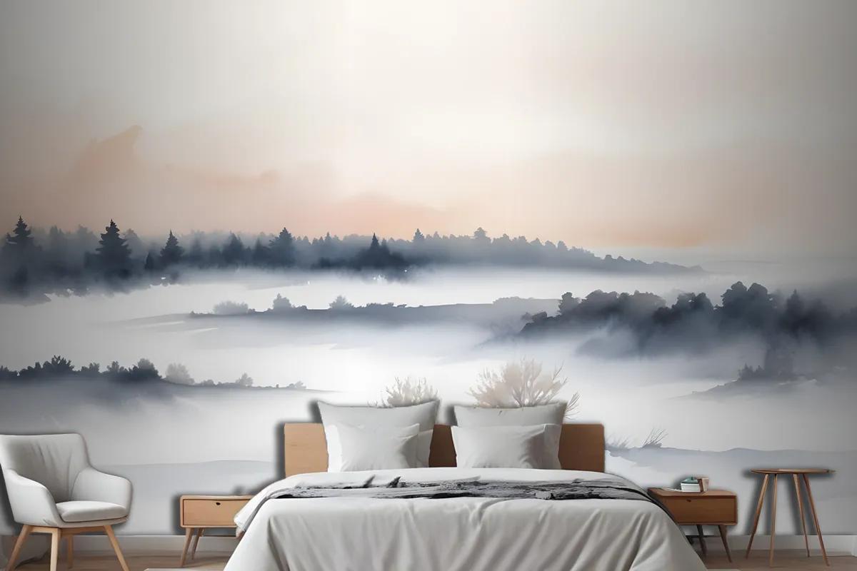 Calm Watercolor Sky And Landscape Wallpaper Mural