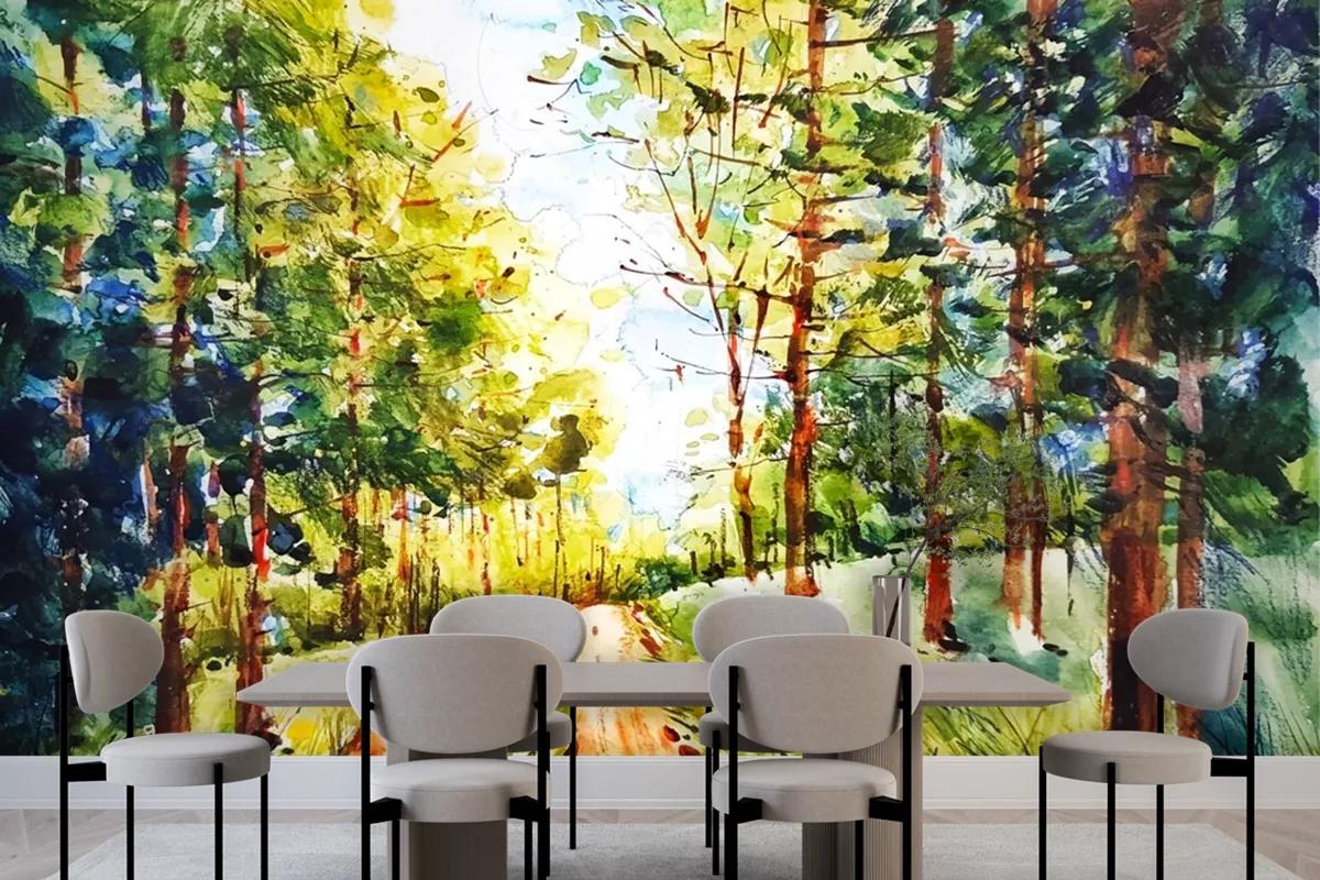 Watercolor Forest Landscape Wallpaper Mural