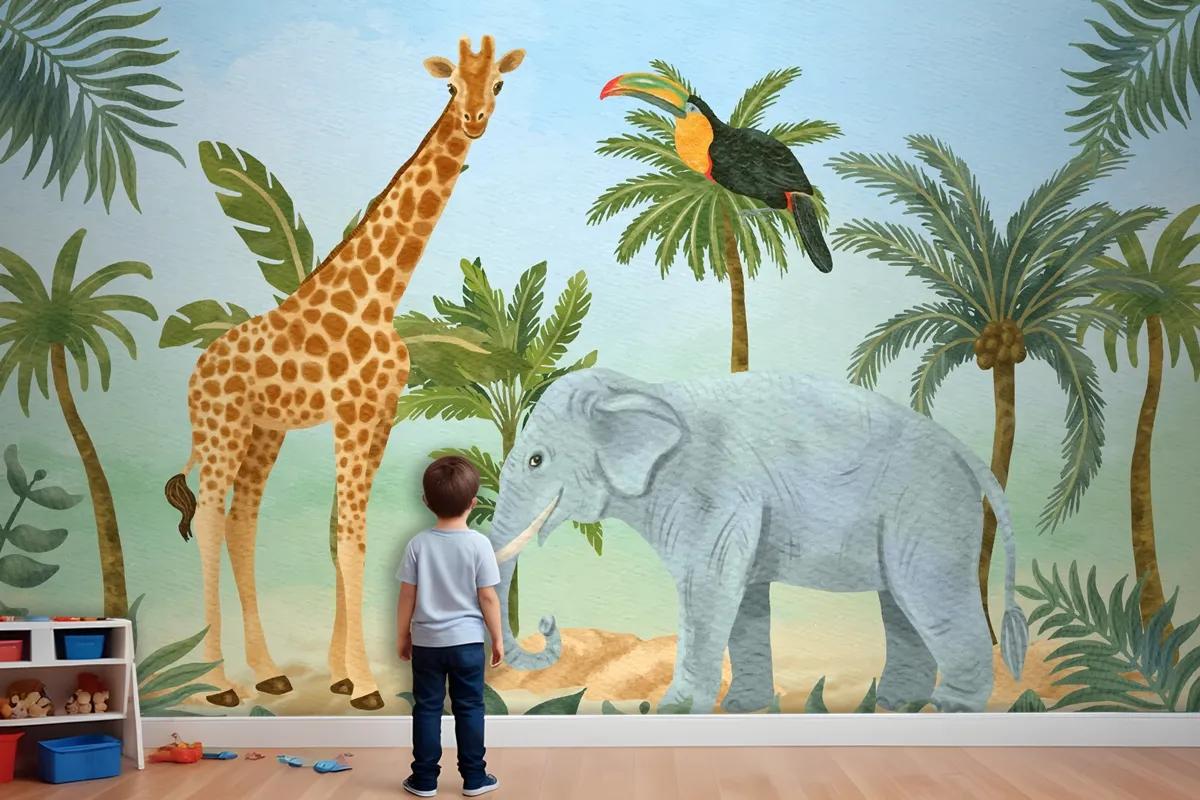 Watercolor Wildlife Background Kids Boys Wallpaper Mural